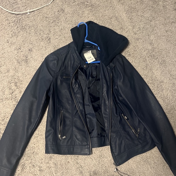 Jackets & Coats | Super Cute Leather Sweatshirt Jacket Its Navy Blue In ...